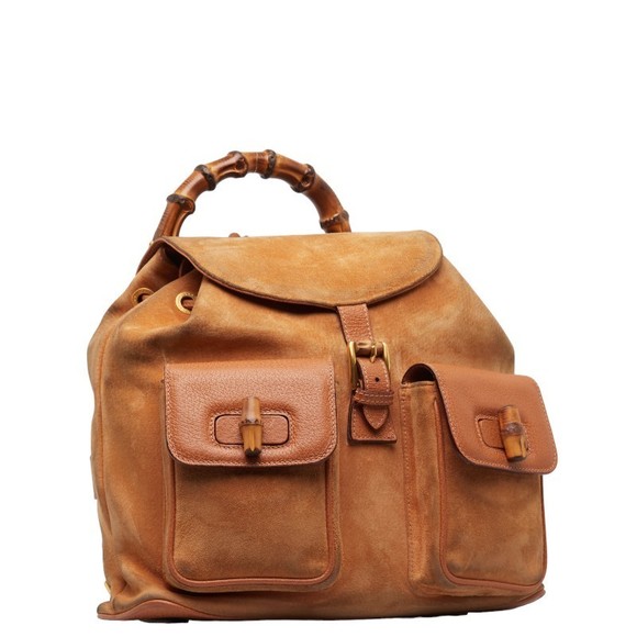 Gucci | Bags | Gucci Tan Brown Backpack Suede Leather Bamboo Rucksack ...